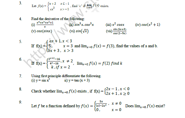 CBSE Class 11 Mathematics Limits And Derivatives Worksheet Set A
